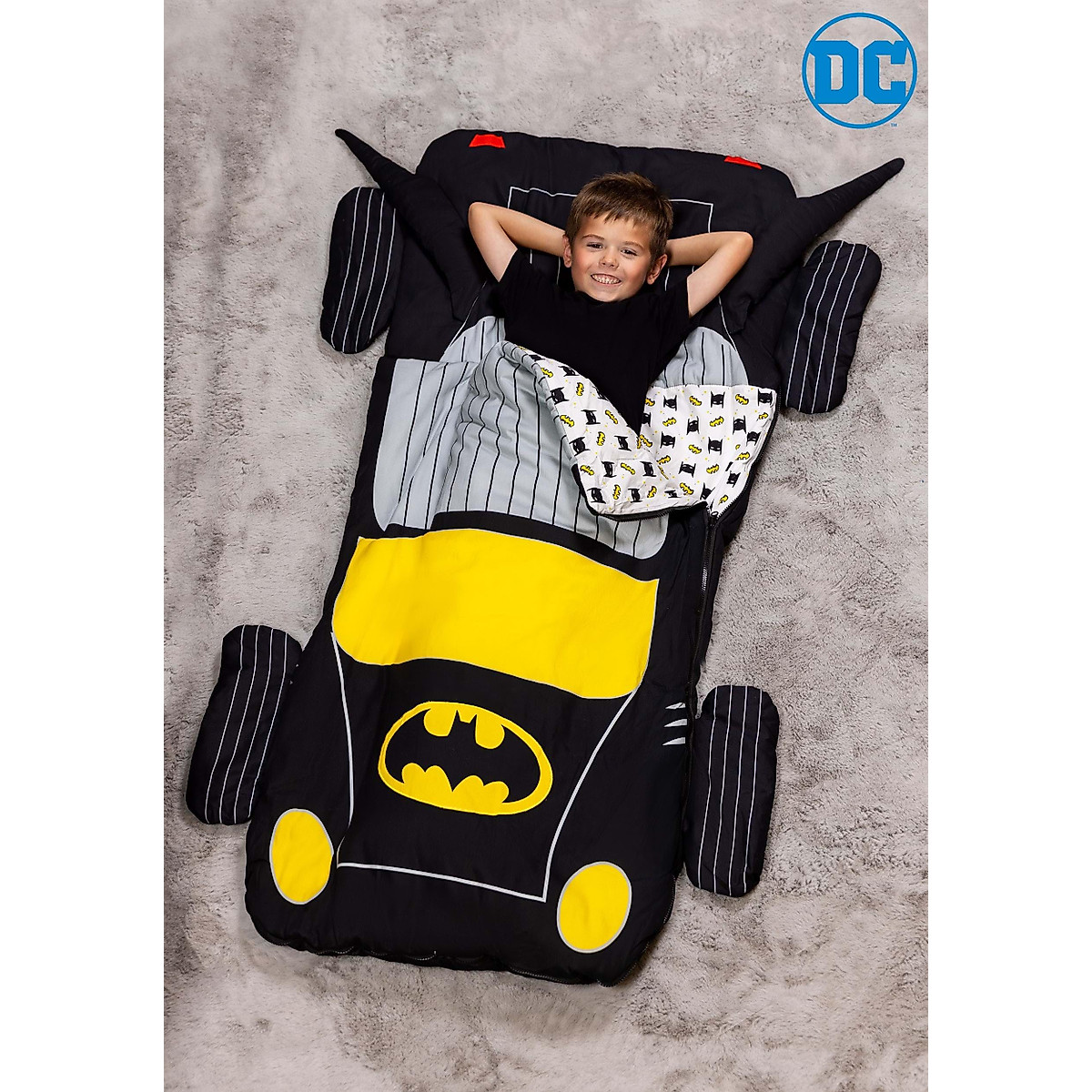 Batman Batmobile Kids Sleepover Bag Superhero Slumber Mat with Built-in Pillow, Cozy & Soft