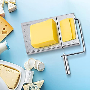 TRENDYSUPPLY Stainless Steel Cheese Slicer, Cheese Slicer with Wire, Cheese Cutter with Accurate Size Scale & 5 Replacement Wire, Cheese Board with Wire Cutter for Block Cheese