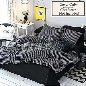 LAMEJOR Duvet Cover Sets Queen Size Striped Pattern Reversible Luxury Soft Bedding Set Comforter Cover (1 Duvet Cover+2 Pillowcases) Black/White
