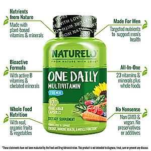 NATURELO One Daily Multivitamin for Men - with Vitamins & Minerals + Organic Whole Foods - Supplement to Boost Energy, General Health - Non-GMO - 180 Capsules