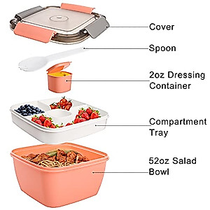 Youeon 3 Pack Salad Lunch Container To Go with 3 Compartment Tray, 52 Oz Bento Lunch Box with Spoon, Dressing Cup, Portable Salad Container for Lunch, Salad Toppings, Snacks, Fruit, Three Colors