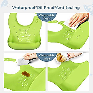 Yoofoss Silicone Baby Bibs for Babies and Toddlers, 3 Pcs Baby Feeding Bibs Waterproof Baby Bibs for Boys and Girls, BPA Free, Easy Clean, Grey/Green/Blue