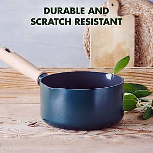 GreenPan Hudson Healthy Ceramic Nonstick, 1.75QT Saucepan Pot, Vintage Wood Inspired Handle, PFAS-Free, Dishwasher Safe, Forest Green