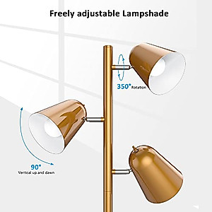 PAZZO Floor Lamp, 3pcs 8W LED Standing Tall Lamp,Tree Floor Lamp with 3 Adjustable Rotating Lights Industrial Floor Lamp for Living Room, Bedroom,Office,Gold