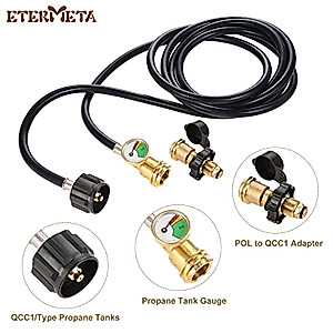 ETERMETA 12 Feet Propane Extension Hose, Universal Extension Include POL Gauge, POL LP Tank to Male QCC1 / Type1 Adapter, Leak Detector for Gas Grill, Heater and All Other Propane Appliances