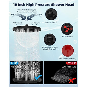 Hibbent Self-cleaning Shower Head, 10'' High Pressure Rainfall Shower Head, Showerhead Combo/Handheld Shower Head, 12'' Adjustable Curved Shower Extension Arm, 71'' Hose, 2 Shower Holders, Matte Black