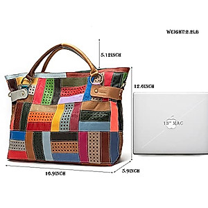 Segater® Women’s Genuine Leather Tote Multicolour Patchwork Hollow Shoulder Bag Cowhide Stitching Colorful Large Handbag Purses Multicoloured