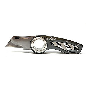 Excel Blades Revo Folding Pocket Utility Knife - Aluminum Body Heavy Duty Box Cutter with Holster, Anti-Slip Finger Loop Design Grip, Quick Change Blades and 3 Lock Positions Design, Grey