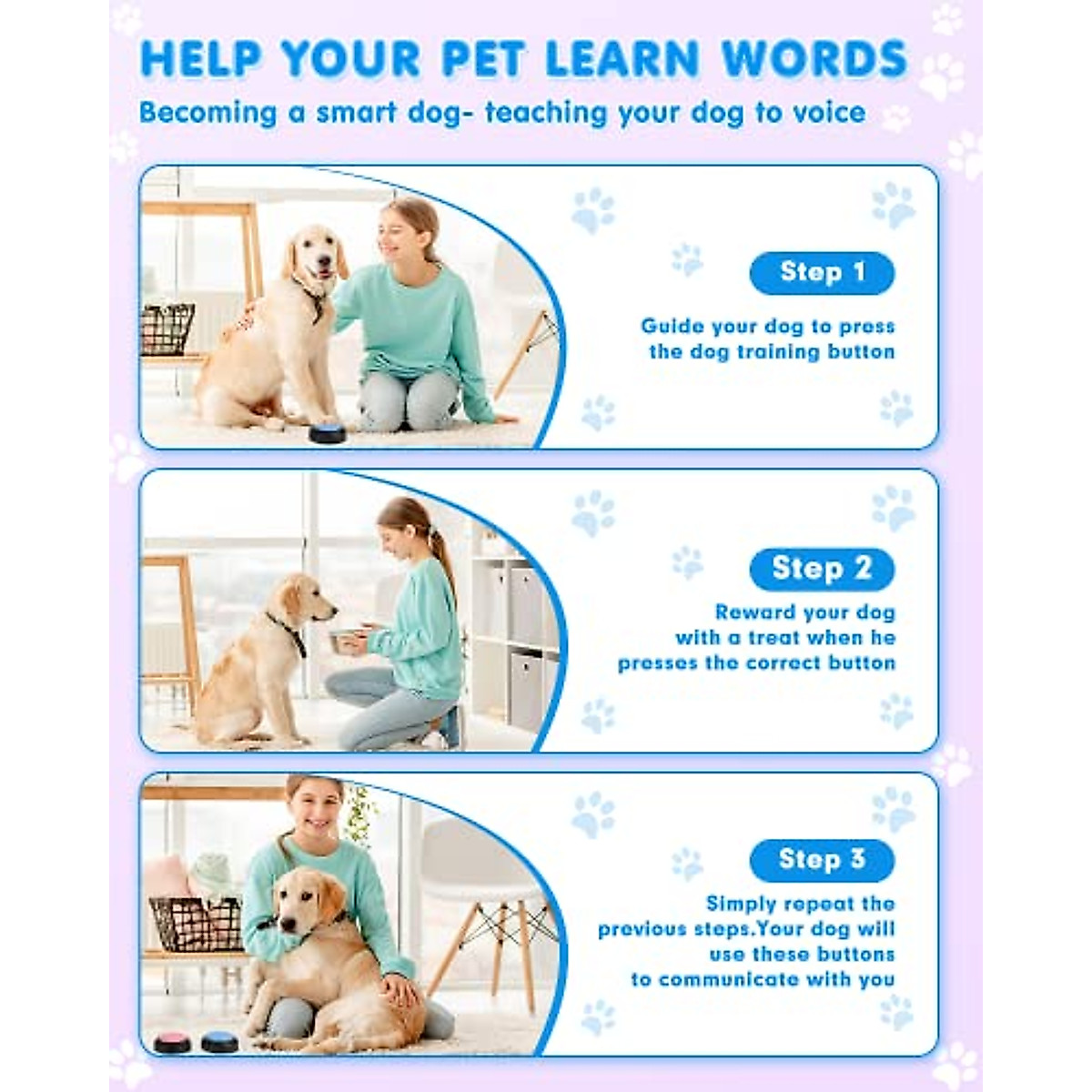 Dog Buttons for Communication, 4 Dog Talking Button Set, Speaking Buttons for Cats and Dogs, 30s Voice Recordable Pet Training Buzzer with Waterproof Dog Activity Mat and 24 Scene Stickers