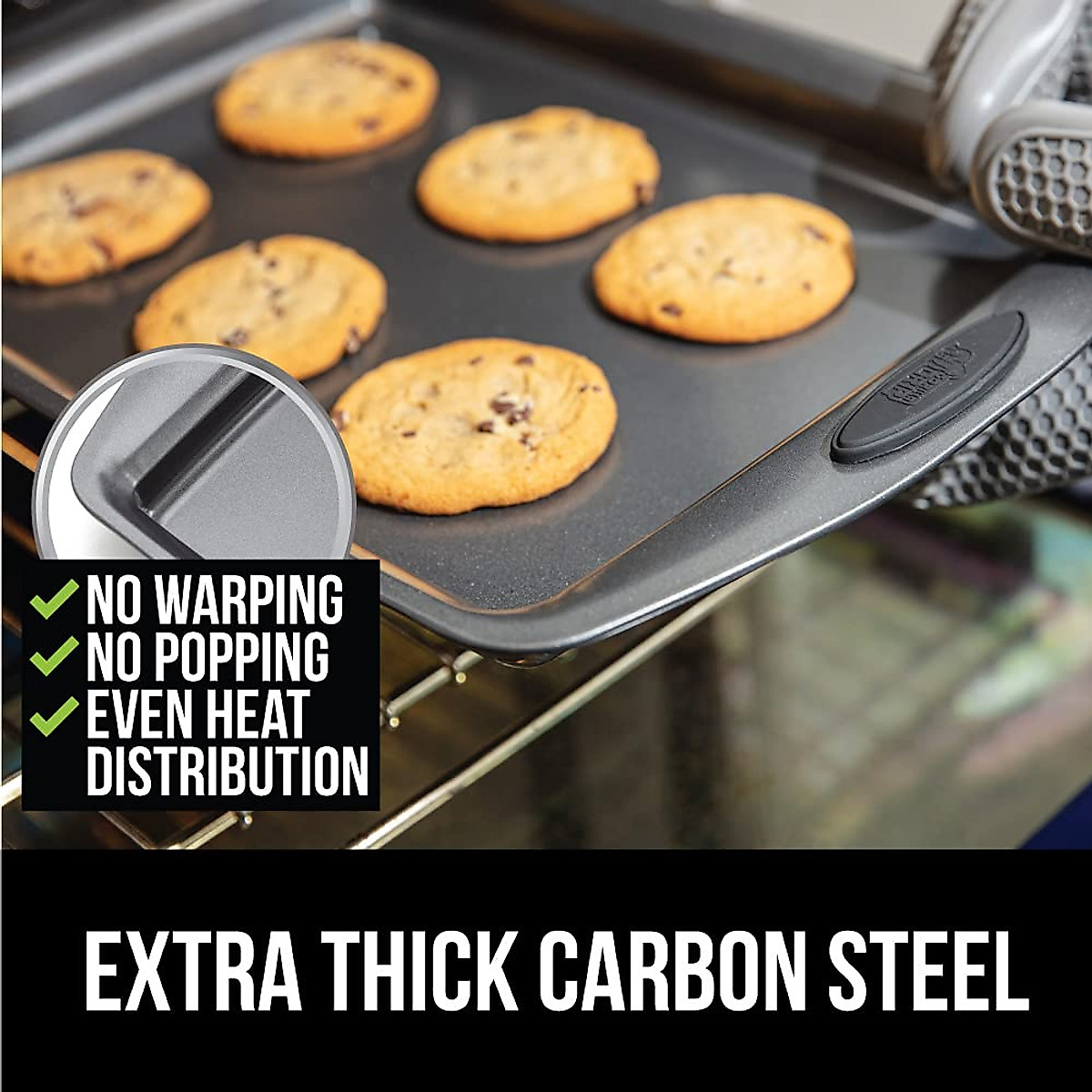 Gorilla Grip Non Stick Jelly Roll Baking Pans, Thick Warp Proof, 3 Piece, Durable Silicone Handles, Kitchen Oven Pan Bakeware Set, Cooking, Roasting Sets, Easy Clean, Set of 3, Black