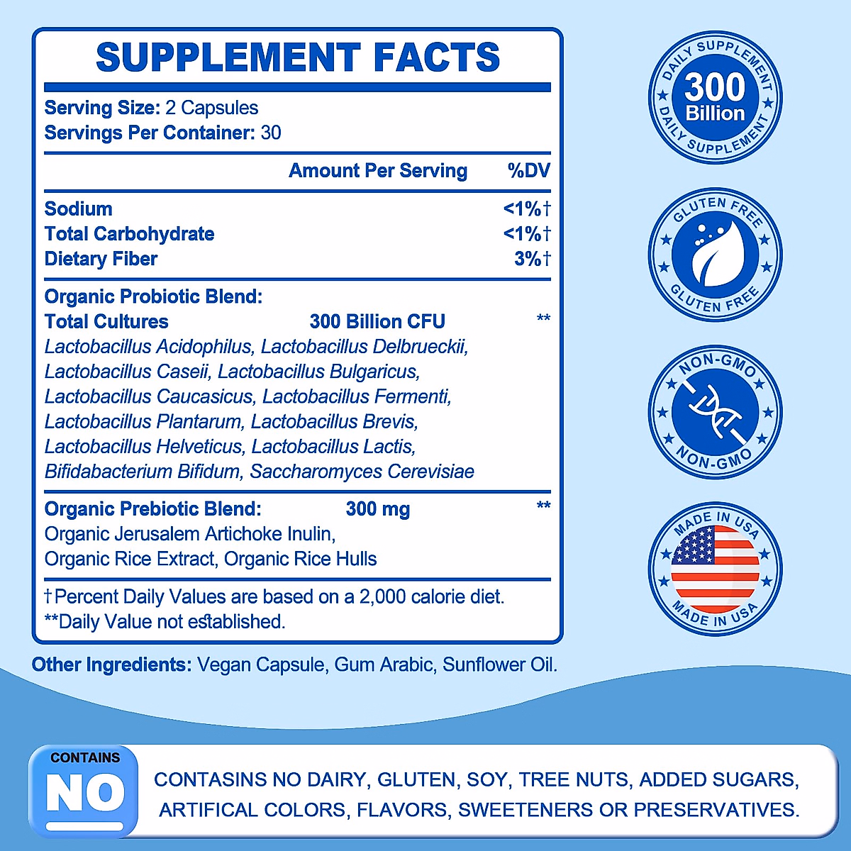 Linkvibe Probiotic 300 Billion CFU - 12 Strains with Organic Prebiotics for Digestive & Gut, Immune, Bloating Health - Probiotics for Women and Men - Daily Dairy Free, Shelf Stable - 60 Counts