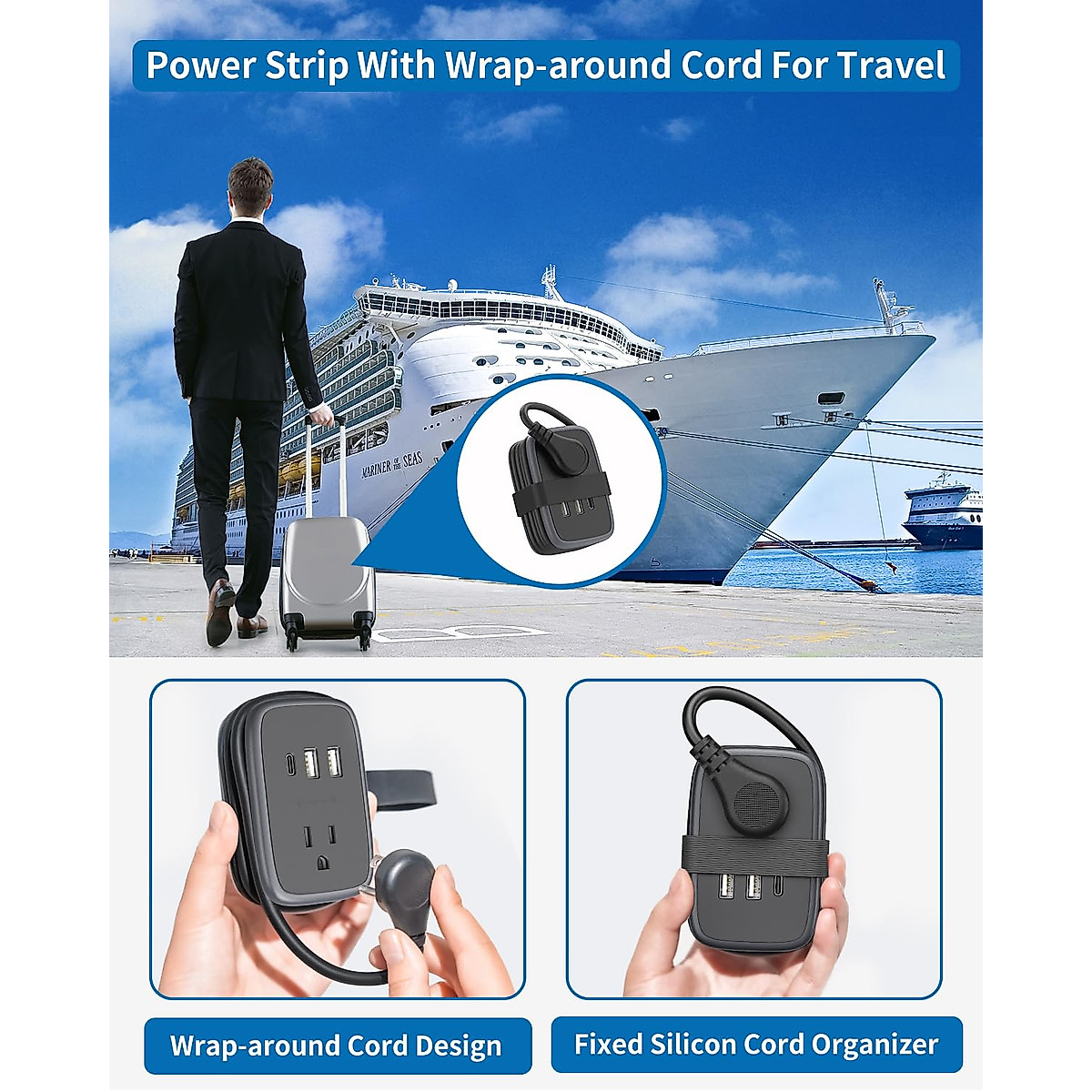 Travel Power Strip with USB C Port, NTONPOWER Small Power Strip with Flat Plug,Multi Plug Travel Extension Cord Portable Power Strip with 2 Outlets 3 USB (1 USB C), for Cruise Travel Home Essentials