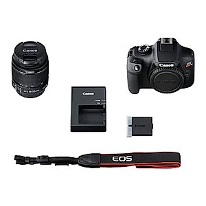 Canon EOS Rebel T100 / 4000D DSLR Camera with 18-55mm Lens + 64GB Memory Card + Case + Card Reader + Flex Tripod + Hand Strap + Cap Keeper + Memory Wallet + Cleaning Kit (Renewed)