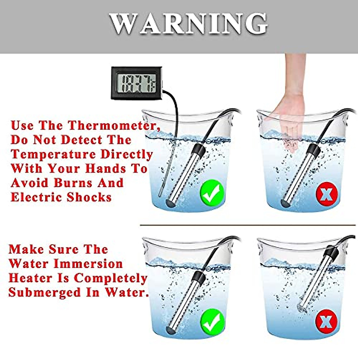 Immersion Water Heater, 1500W Portable Electric Submersible Water Heater with Timer, Stainless Steel Guard Cover and Digital Thermometer for Home Travel Camping