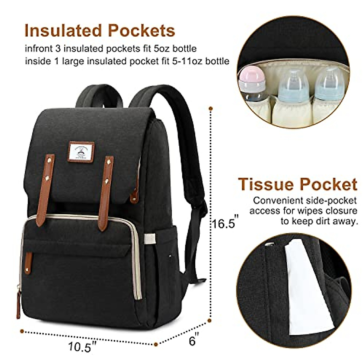 Terzini Bear Small Diaper Bag Backpack, Diaper Bags for Baby with USB Charging Port,Changing mat,Stroller Hooks (BLACK2)