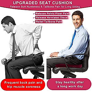 HONGJING Massage Seat Cushion for Pressure Relief, Memory Foam Office Chair Cushions for Long Sitting, Butt Pillow with Massaging, Great for Sciatica, Coccyx and Tailbone Pain Relief (Red)
