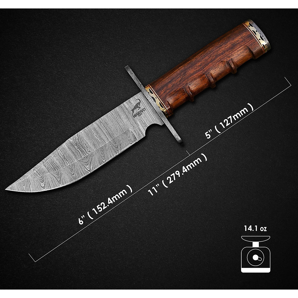Handmade Damascus Steel Hunting Knife - 11" EDC Fixed Blade Knife Ideal for Skinning, Camping, and Outdoor, Bushcraft, Tactical, Skinning Knife With Wood Handle & Leather Sheath