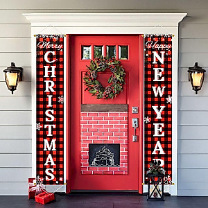 Ivenf Merry Christmas & Happy New Year Decorations, Red Black Buffalo Plaid Banner, 2 Pcs Front Porch Sign Set, Indoor Outdoor Yard Wall Home Decor