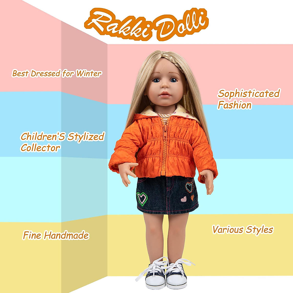 Rakki Dolli Doll Clothes Set Fashion 4 Pieces includes Warm Hooded Coat, T-Shirt, Jeans Skirt & Underpants, Handmade Party Dress Casual Wear Fits 18 Inch American Girls Dolls 004