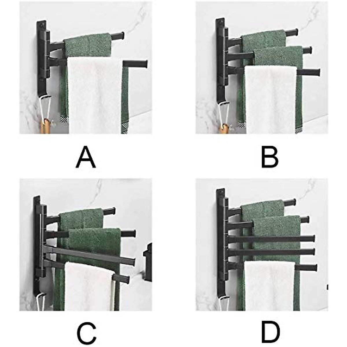 qiuqiu Wall Mounted Swing Towel Bar,Black Stainless Steel Bath Towel Rod Arm, Bathroom Kitchen Swivel Towel Rack Hanger Holder Organizer, Folding Space Savers Towel Rail-4 Bar