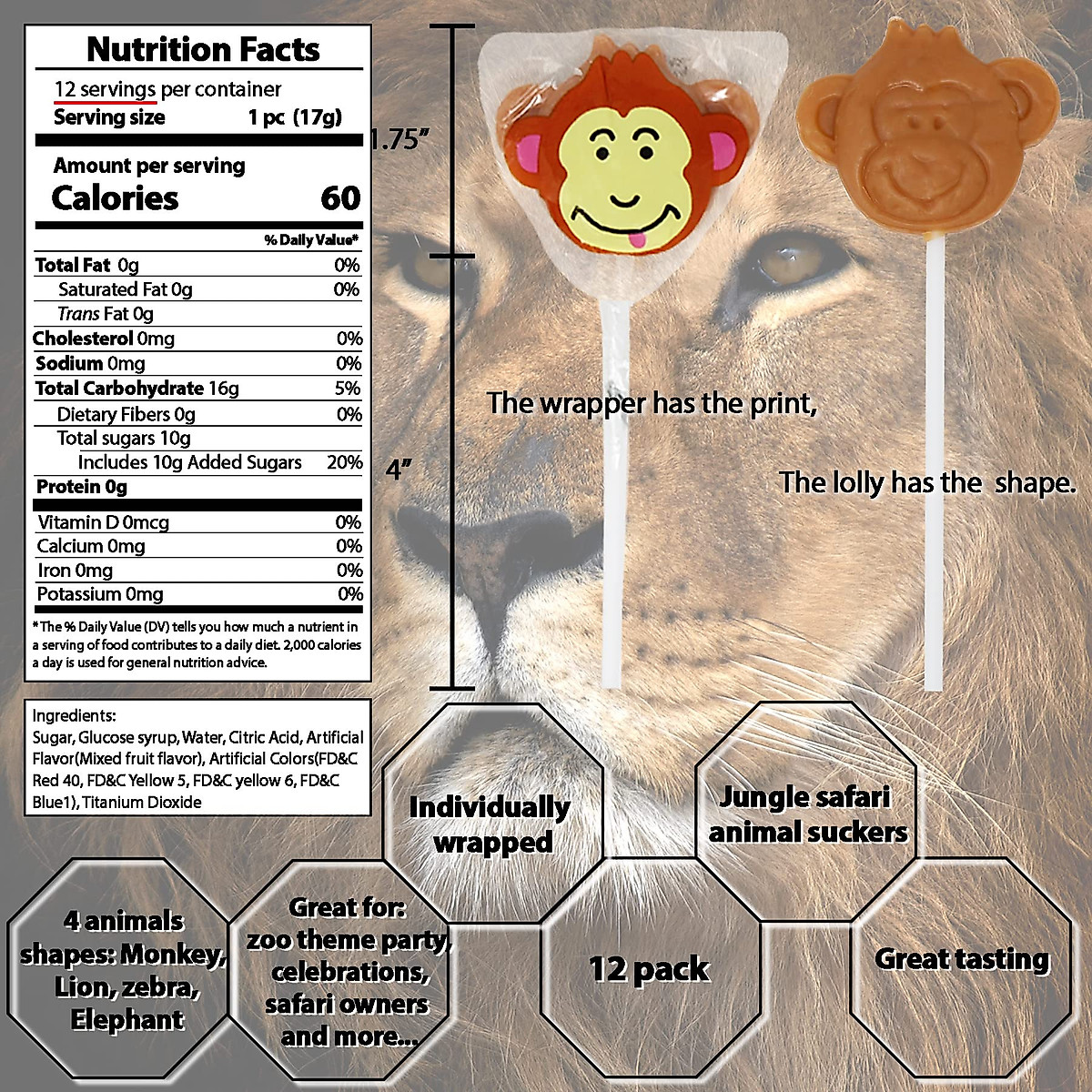 Zoo Animal Party Lollipops, Jungle Safari, Lions, Monkeys, Elephants, Zebras, Party Favors Candy Sucker For Baby Shower Birthday Party Goody Bags