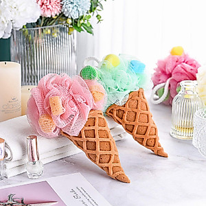 Geiserailie 4 Pieces Kids Loofah Ice Cream Cone Bath Sponge Kids Bath Shower Sponge Body Scrubber Exfoliating Loofah for Spa Shower