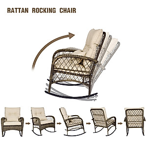 DECMICO Wicker Rocking Chair Set of 2, Patio Conversation Bistro Set, Rattan Outdoor Rocker Chairs with Cushions and Side Table, Wicker Porch Furniture for Backyard, Garden, Beige