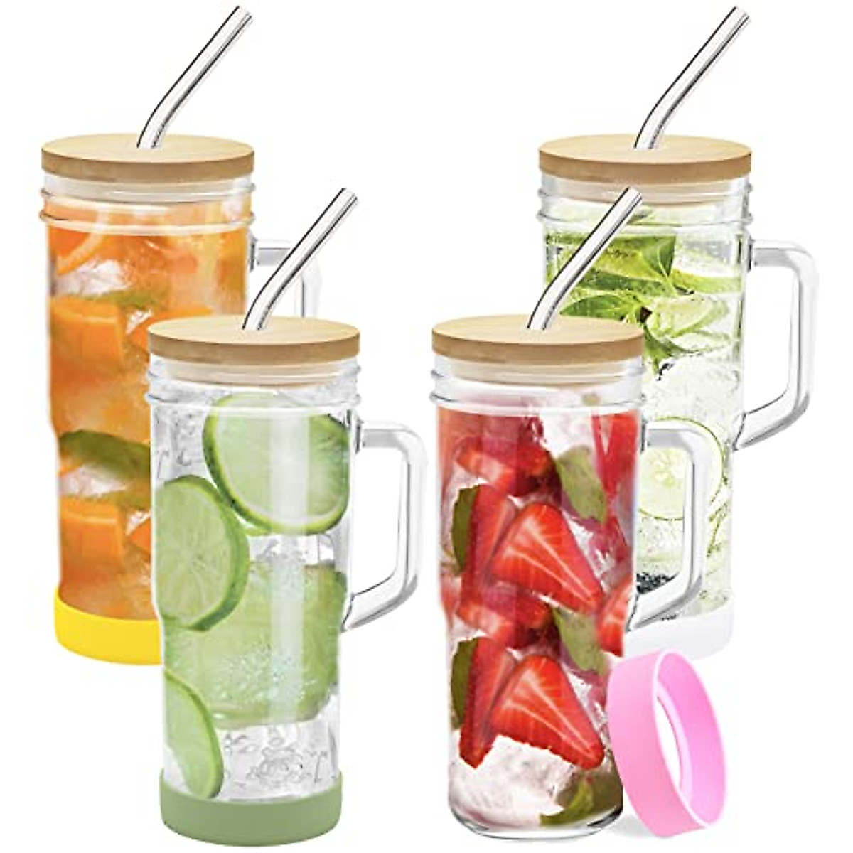 4-Pack 24oz Glass Tumbler Cups with Handle, Bamboo Lids, and Straws - Reusable Mason Jar Drinking Glasses for Iced Coffee, Smoothies, Beer, Juice, and Tea