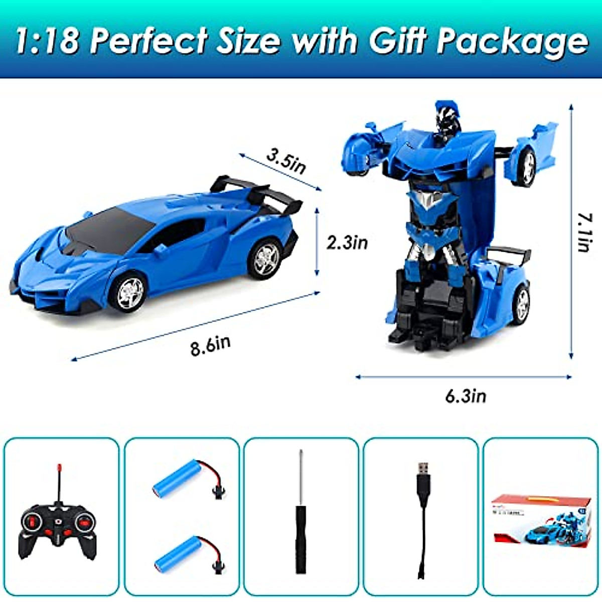Kizeefun Remote Control Car, Rechargeable Transformable Remote Control Car for Boys and Girls with Flashing Lights and 360°Rotation, 1:18 RC Stunt Car for Kids Included 2 Rechargeable Batteries