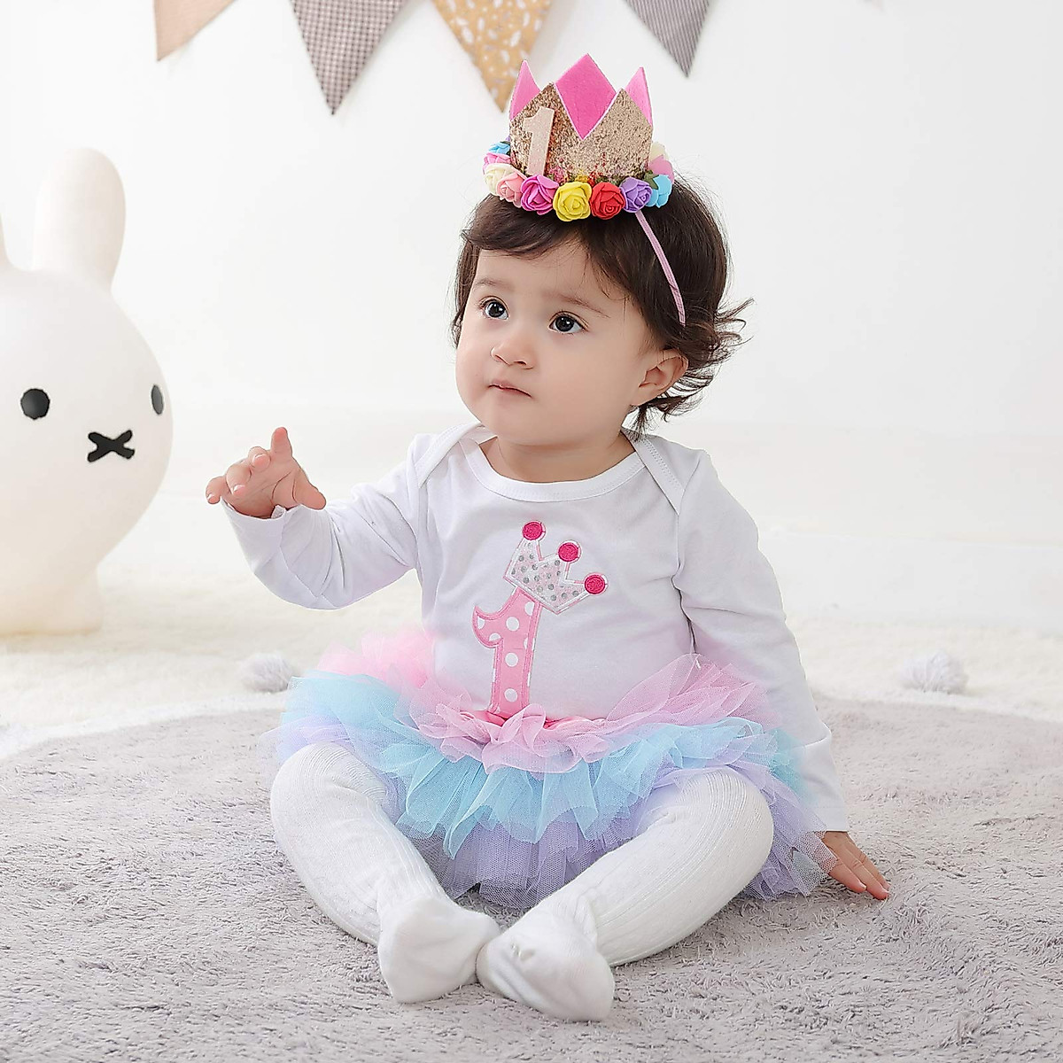 HOSUKKO Baby Girl Half/First / 2nd Birthday Outfits, Long Sleeve Onesie & Tulle Tutu Skirt & Cable Knit Tights & Crown & Headband, Toddler Girls' Skirt Clothes Sets for Pictures (5 pcs),Multi,12-18M