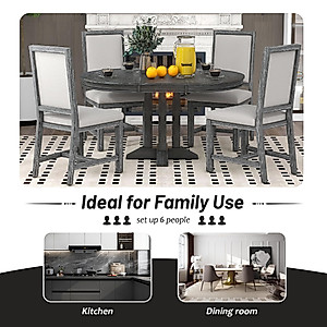 Dinehome 5-Piece Farmhouse Wood Round Extendable Dining Table Set with 4 Upholstered Chairs for Home Kitchen, Black