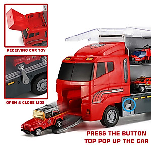 19 Pcs Fire Truck with Firefighter Toy Set, Mini Die-cast Fire Engine Car in Carrier Truck, Mini Rescue Emergency Double Side Transport Vehicle for Kid Child Boy Girl Birthday Christmas Party Favors