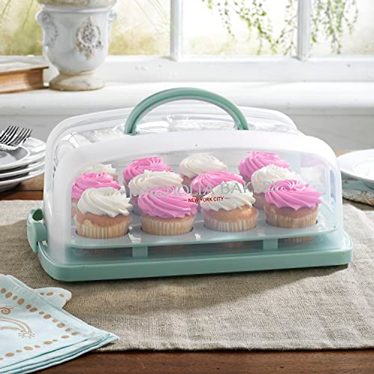 Magnolia 2in1 Cupcake Carrier and Cake Keeper with Lid, Cupcake Box to Fit 12, Sturdy, BPA-Free Cupcake Holder with Two Secure Side Closures, Dishwasher Safe (R40-88857)