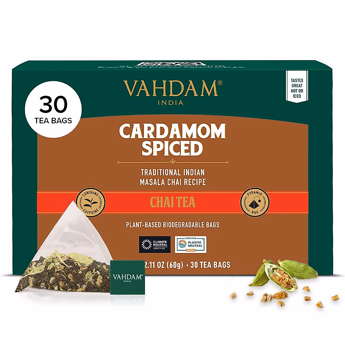VAHDAM, Cardamom Masala Chai Tea Bags (30 Count) Non GMO, Gluten Free, No Artificial Flavor | Blended w/Exotic Spices | Chai Tea | Resealable Ziplock Pouch | Individually Wrapped