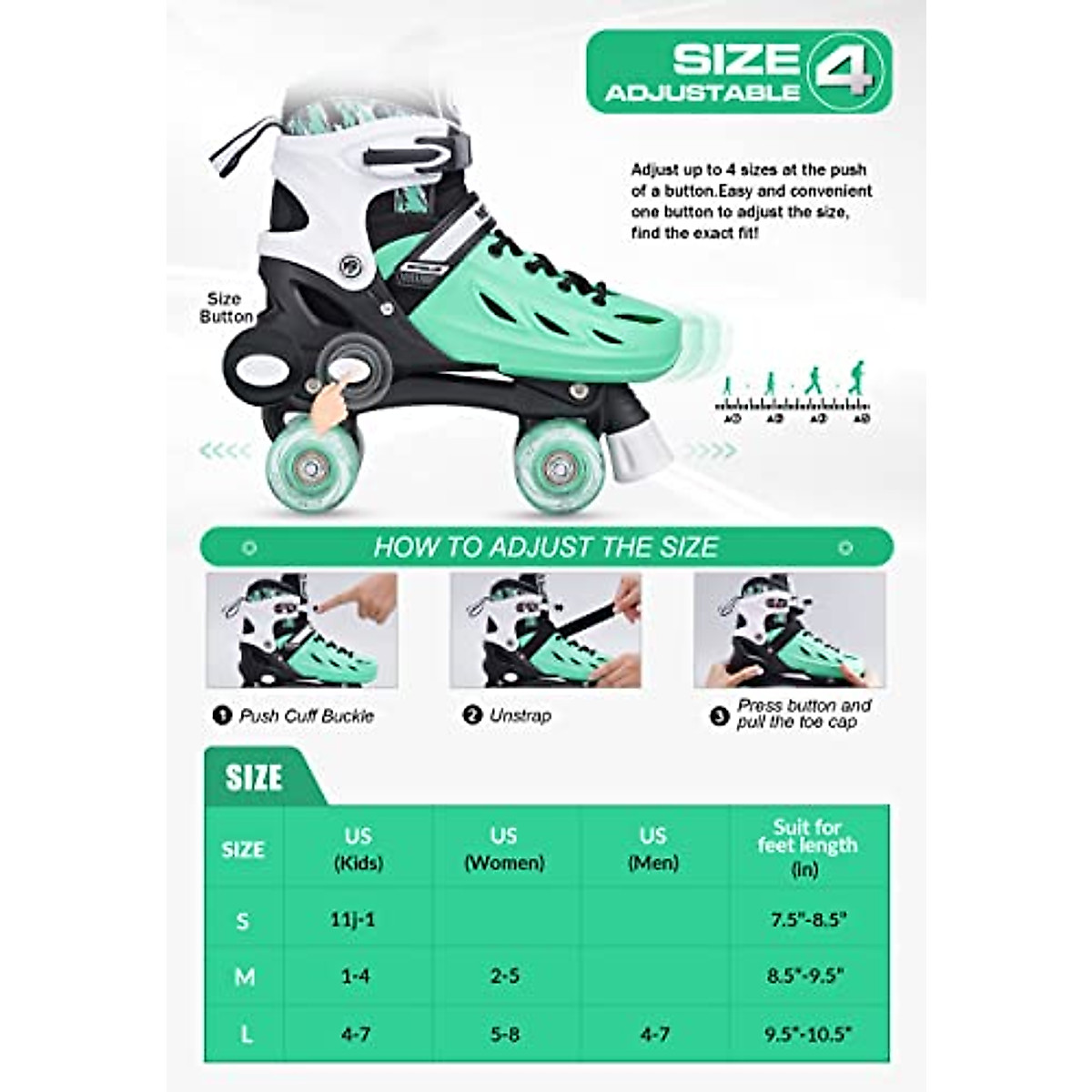 METROLLER Roller Skates for Girls and Boys Teens, Adjustable 4 Sizes for Kids Toddler Rollerskates with Light up Wheels, for Youth Women and Men