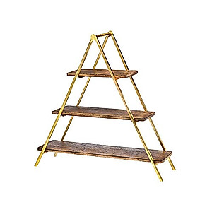 Godinger Serving Tray Appetizer Platter Dessert Fruit Party Display 3 Tier Wood with Gold Metal Stand