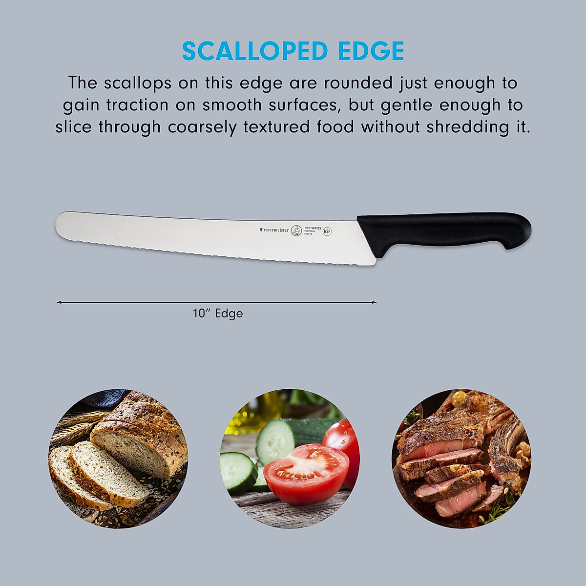 Messermeister Pro Series 10” Scalloped Round-Tip Bread Knife - German X50 Stainless Steel & NSF-Approved PolyFibre Handle - 15-Degree Edge, Rust Resistant & Easy to Maintain - Made in Portugal