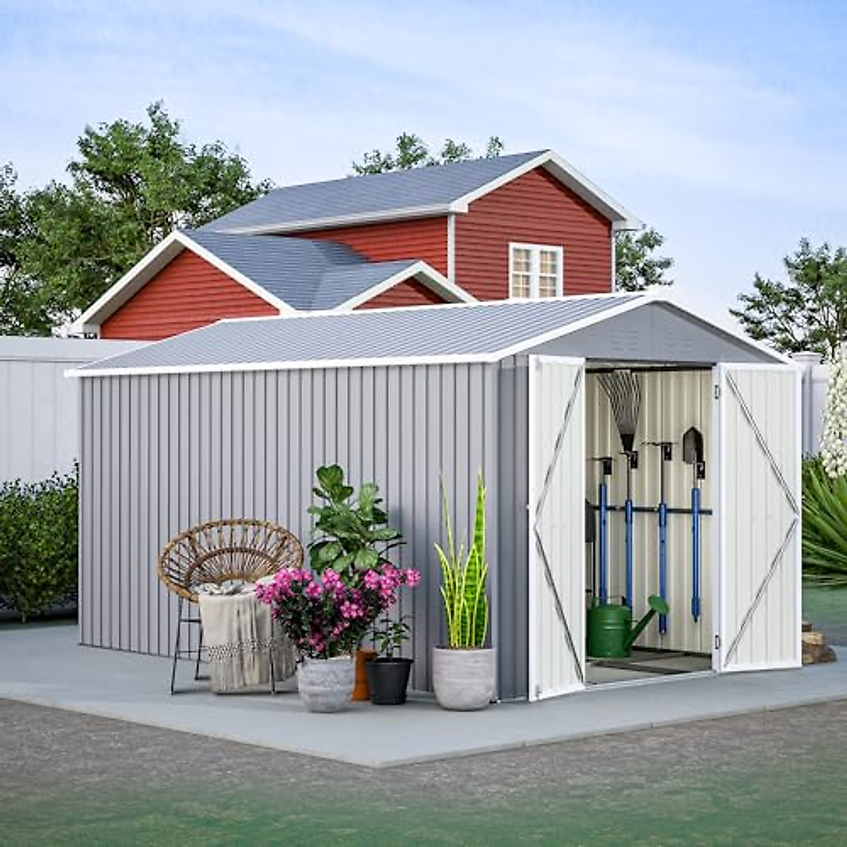 Ball & Cast 8x12 FT Storage Shed with Lockable Doors,All Weather Outdoor Metal Tool House W/Floor Frame and 2 Vents,for Backyard,Patio,Lawn,Garden,Grey