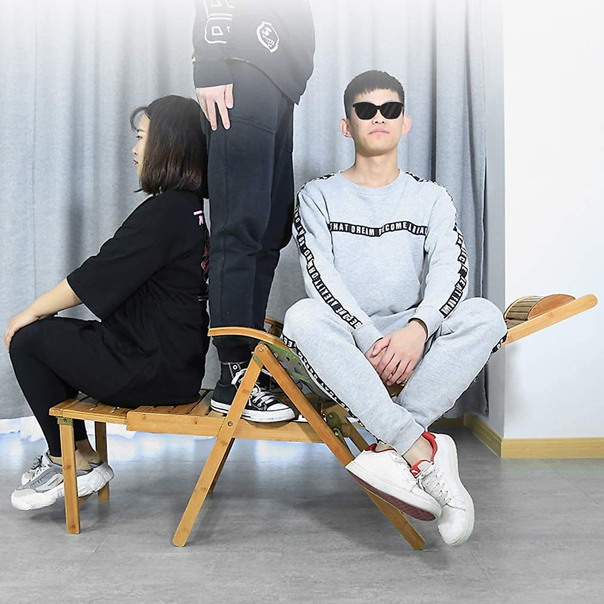 CHLDDHC 5-Gear Adjustable Recliner Chair, Folding Natural Durable Bamboo Lounge Seating for Outdoor Garden Patio Living Room Porch, Portable Deck Recliner