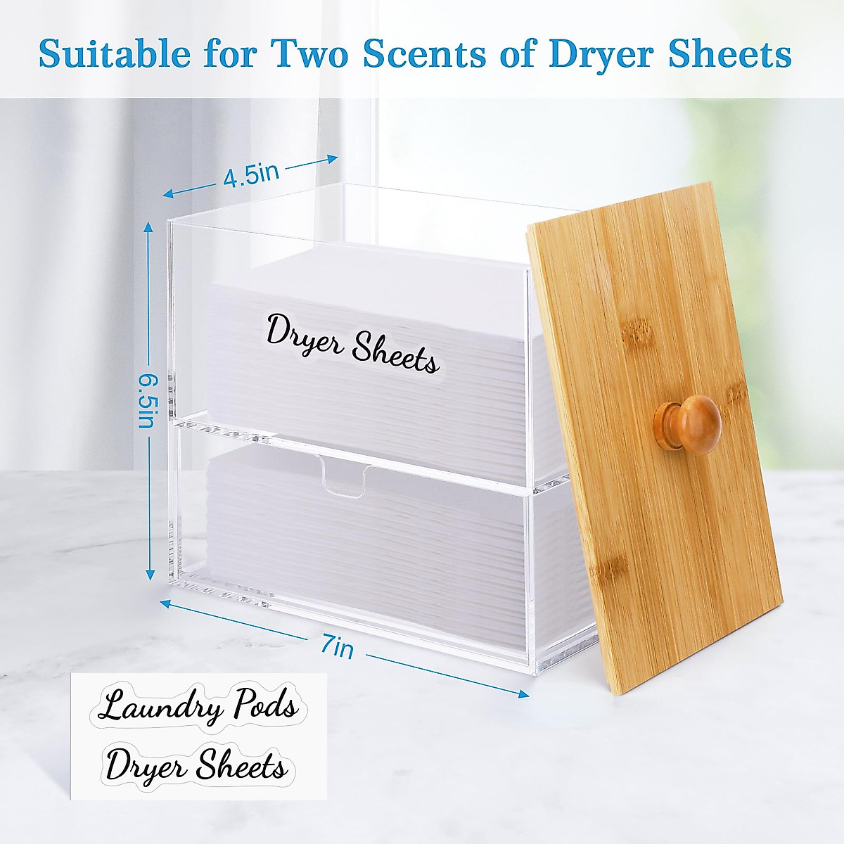 JYPS Acrylic Dryer Sheet Holder with Drawer and Bamboo Lid, Clear Laundry Room Organization and Storage，Dryer Sheet Laundry Pods Containter Box for Laundry Room Decor