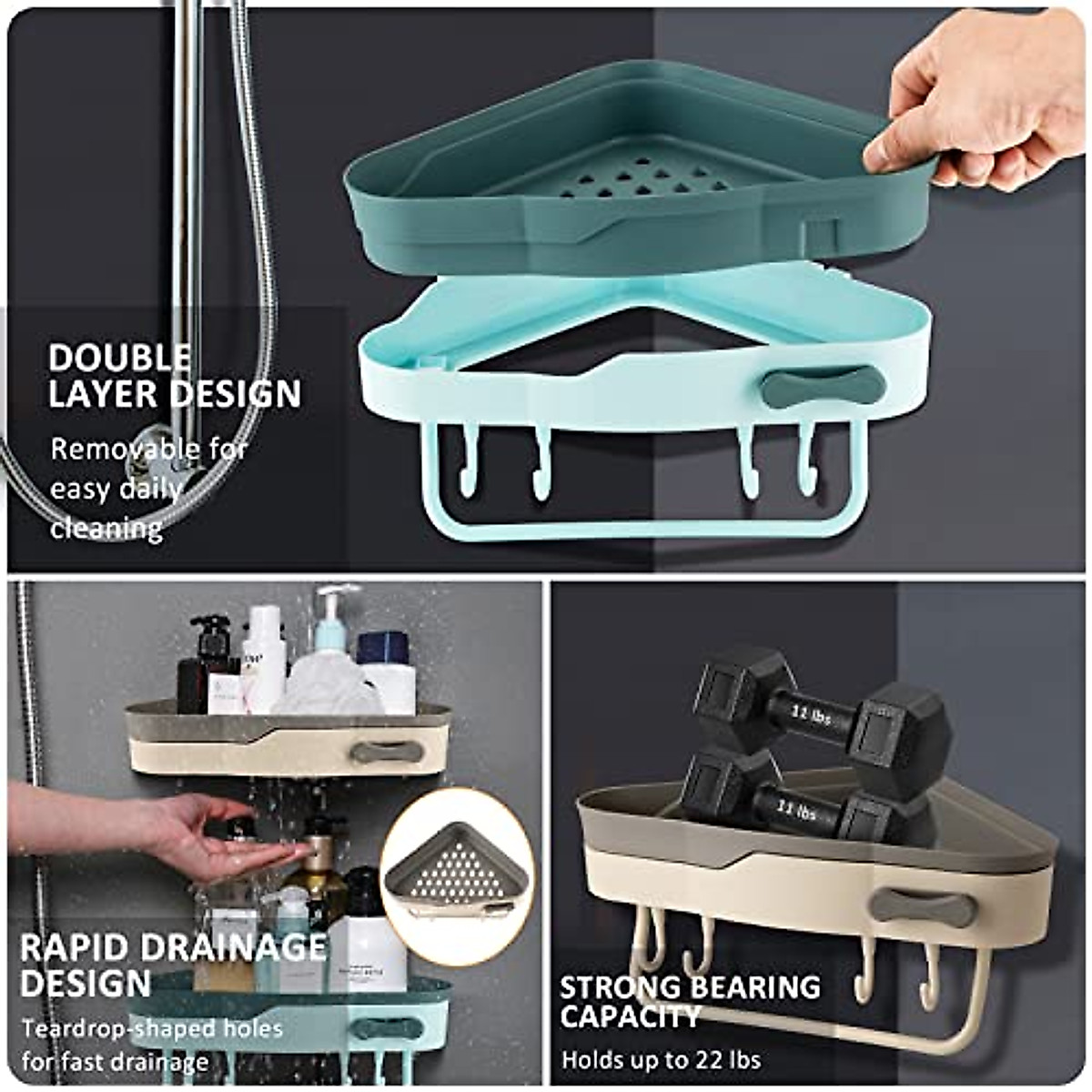 HLWDFLZ Corner Shower Caddy, 2 Pack Wall Mounted Adhesive Plastic Shower Organizer with Towel and Hooks, Removable Shower Organizer Corner Basket for Bathroom and Kitchen