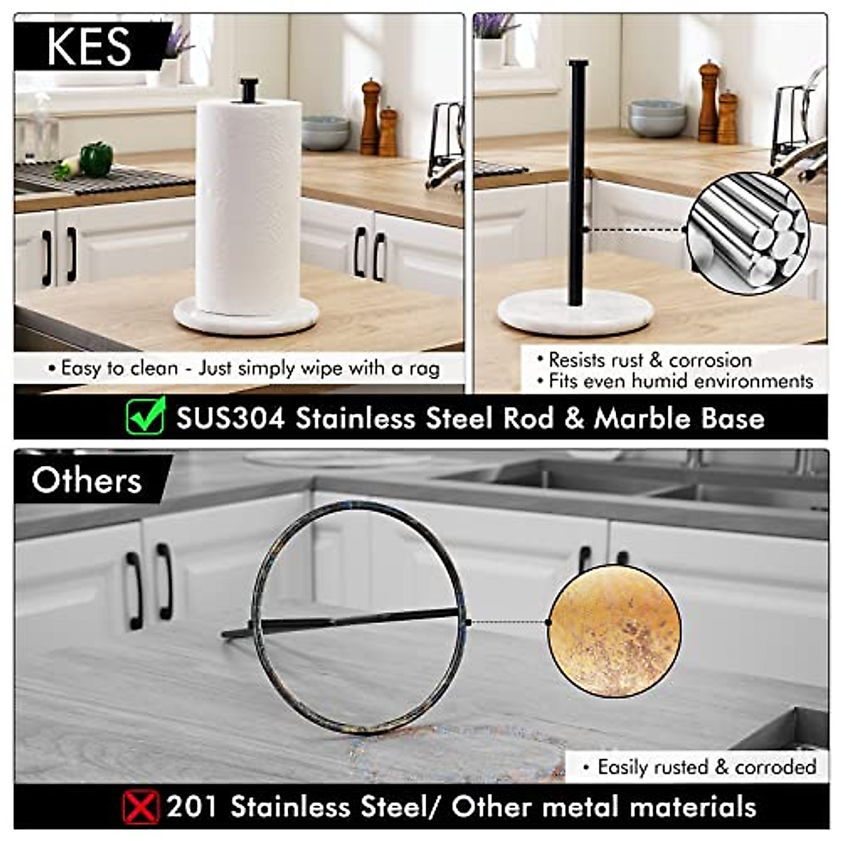 Kitchen Paper Towel Holder Standing with Marble Base for Standard or Jumbo-Sized Rolls, Matte Black KPH100-BK