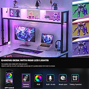 Unikito L Shaped Computer Desk with LED Strip and Power Outlets, Storage Shelves and Bag, Industrial Reversible Gaming Table Writing Corner Desk for Home Office Workstation, White