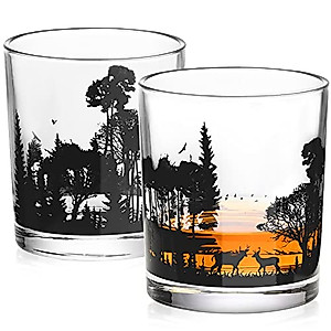 RorAem Whiskey Glasses - Forest Deer Whiskey Glasses Set of 2 - Handmade Unique Whiskey Gifts for Men Crystal Bourbon Glasses Rocks Glass Cabin Decor - Forest Animal Landscape