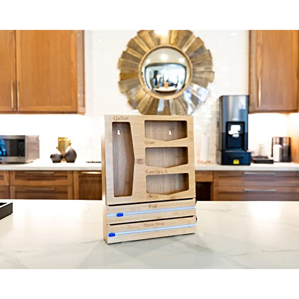 Bamboo Ziplock Bag Organizer, Kitchen Food Storage organizer, Baggie organizer for Kitchen Plastic Bag Storage, Foil, Plastic Wrap, Gallon, Quart, Sandwich, Snack