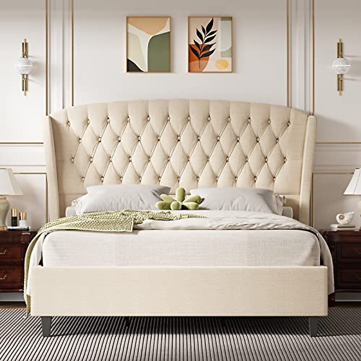 Jocisland Upholstered Bed Frame King Size Platform Bed Linen Deep Button Tufted Handmade Headboard Shell Wingback/No Box Spring Needed/Wood Slats(Beige)