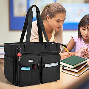 LoDrid Teacher Tote Bag with Bottom Pad, with Separated Storage Laptop Layer (up to 15.6 Inch), Teacher Carry Bag with Large Compartment, Teacher Bags and Totes for Women, Black