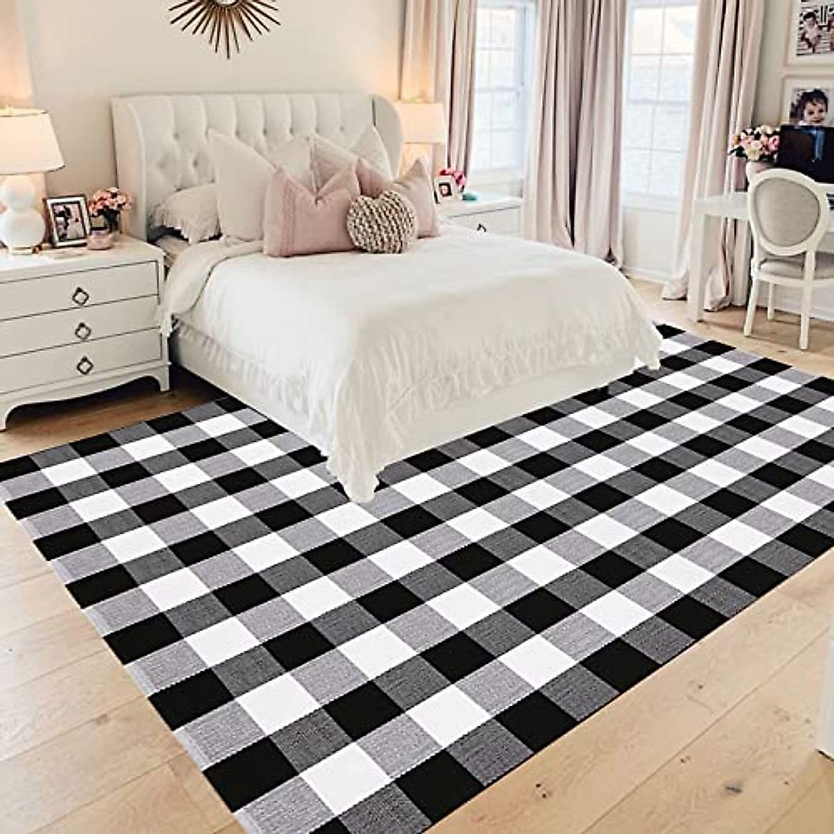 CAINANEL Buffalo Plaid Rugs 5' x 7' Cotton Black and White Check Rug Hand-Woven Indoor/Outdoor Area Rug for Welcome Door Mat, Front Porch,Kitchen,Bathroom,Entry Way,Living Room
