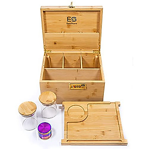 ES - EasyStore – Large Premium Bamboo Storage Stash Box, Bamoo Tray, Glass Jars, Storage Box with Numerical Combo Lock.
