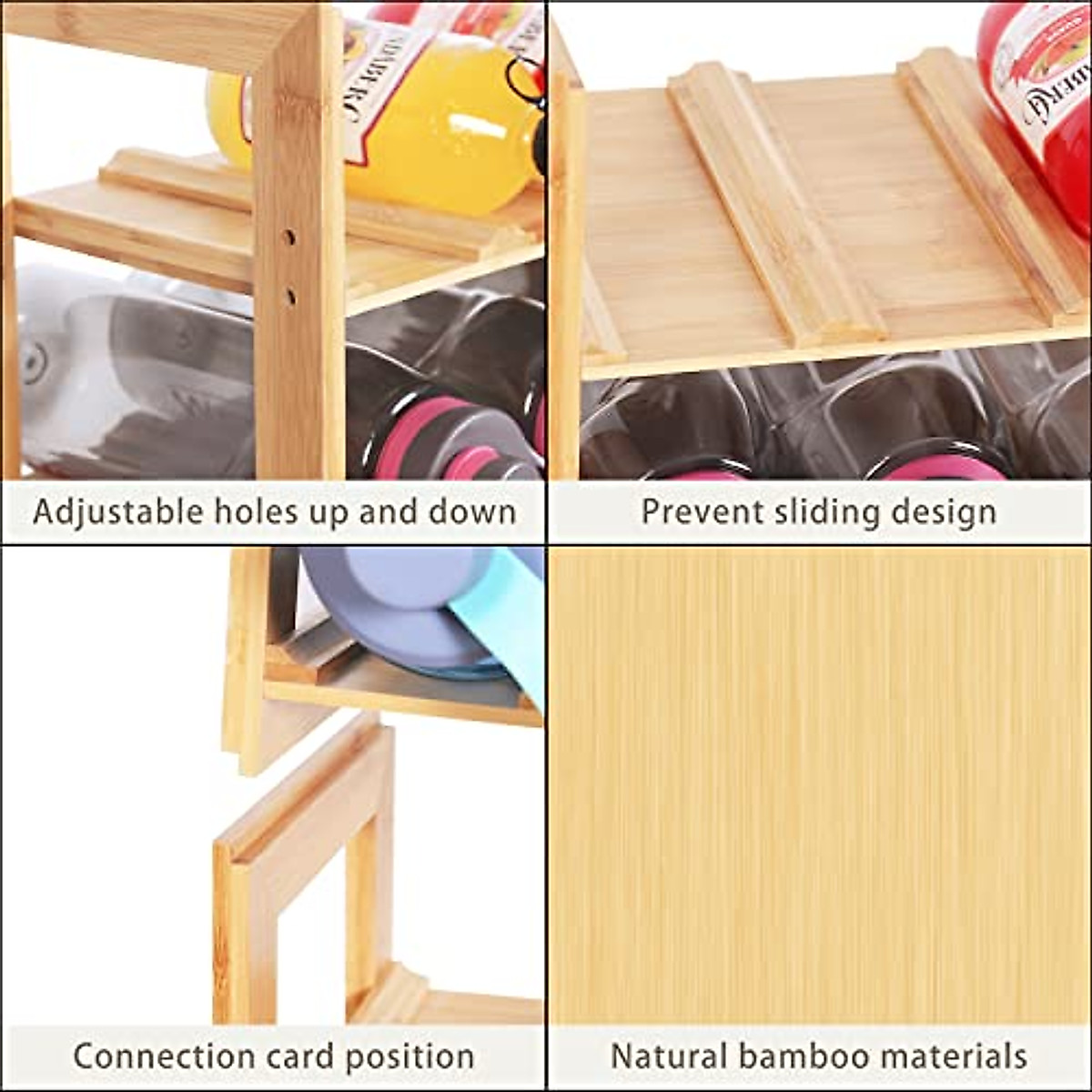 AEEHFENG Water Bottle Organizer - Stackable Bamboo Water Bottle Storage Rack for Cabinet Holds up to 16 Bottles - 4 Tier Adjustable Freestanding Cup Holder for Kitchen Countertop Pantry Organizing